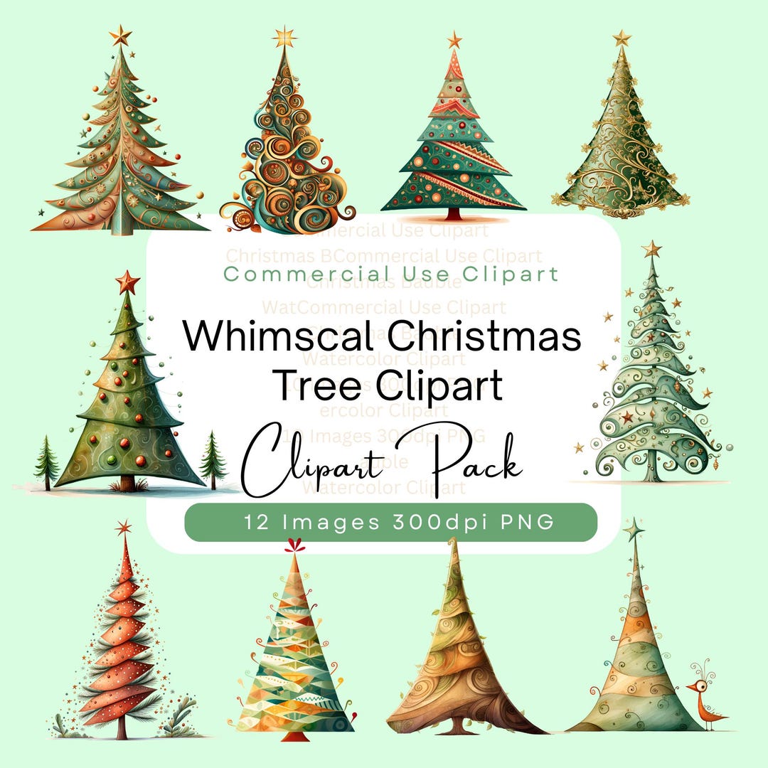 Whimsical Christmas Tree Clip Art, Quirky Christmas Tree Clipart, Xmas ...