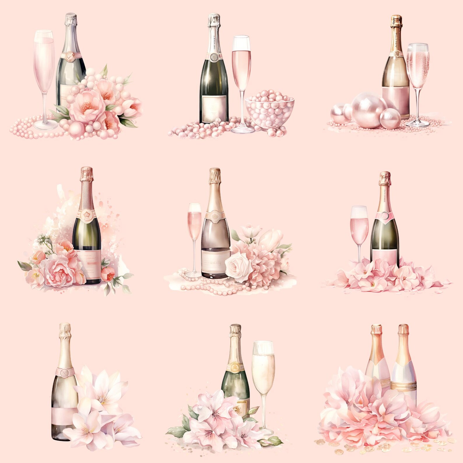 Petals and Prosecco Clipart, Pearls and Prosecco Clipart, Champagne and ...