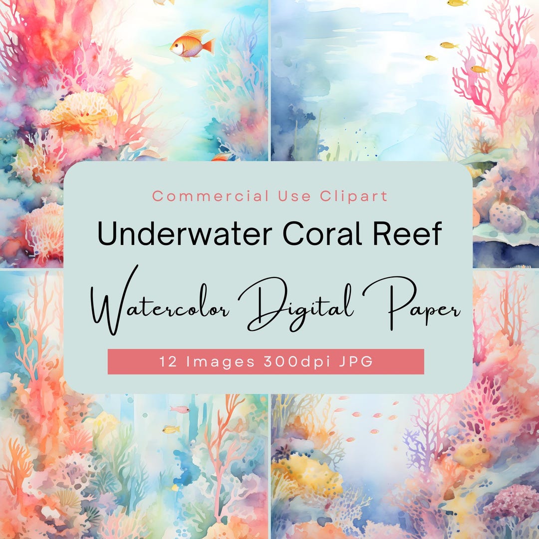 Watercolor Coral Reef Digital Paper, Vibrant Underwater Ocean Scene ...