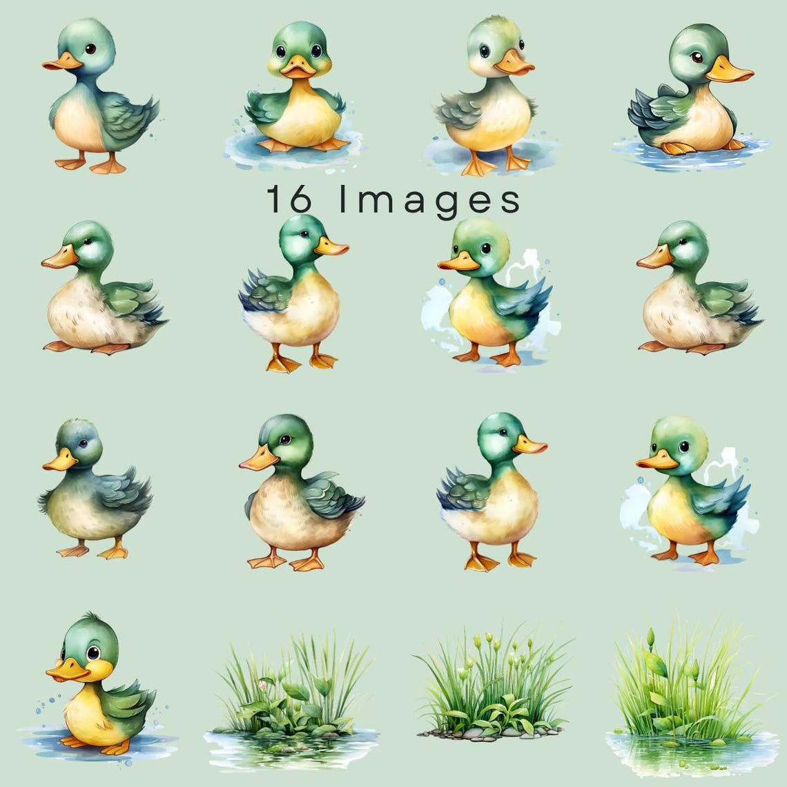 One Lucky Duck Clipart Bundle, Cute Kawaii Watercolor Duckling PNG ...