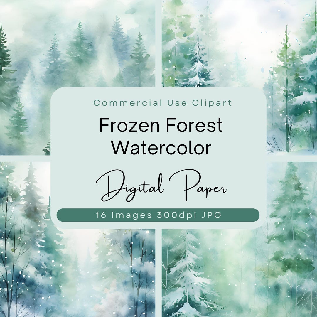 Watercolor Frozen Forest Digital Paper, Winter Snow Scene Texture Pack ...