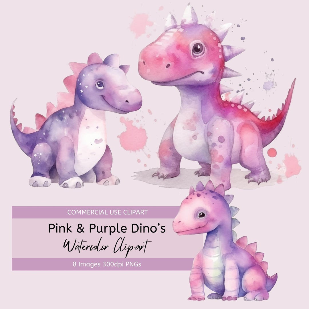 Pink and Purple Dinos PNG, Watercolor Dinosaurs for Party Invites, Girl ...