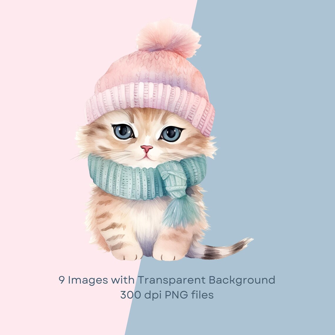 Watercolor Kitten Clipart, Cute Cat in Knitted Hat and Scarf Clip Art ...