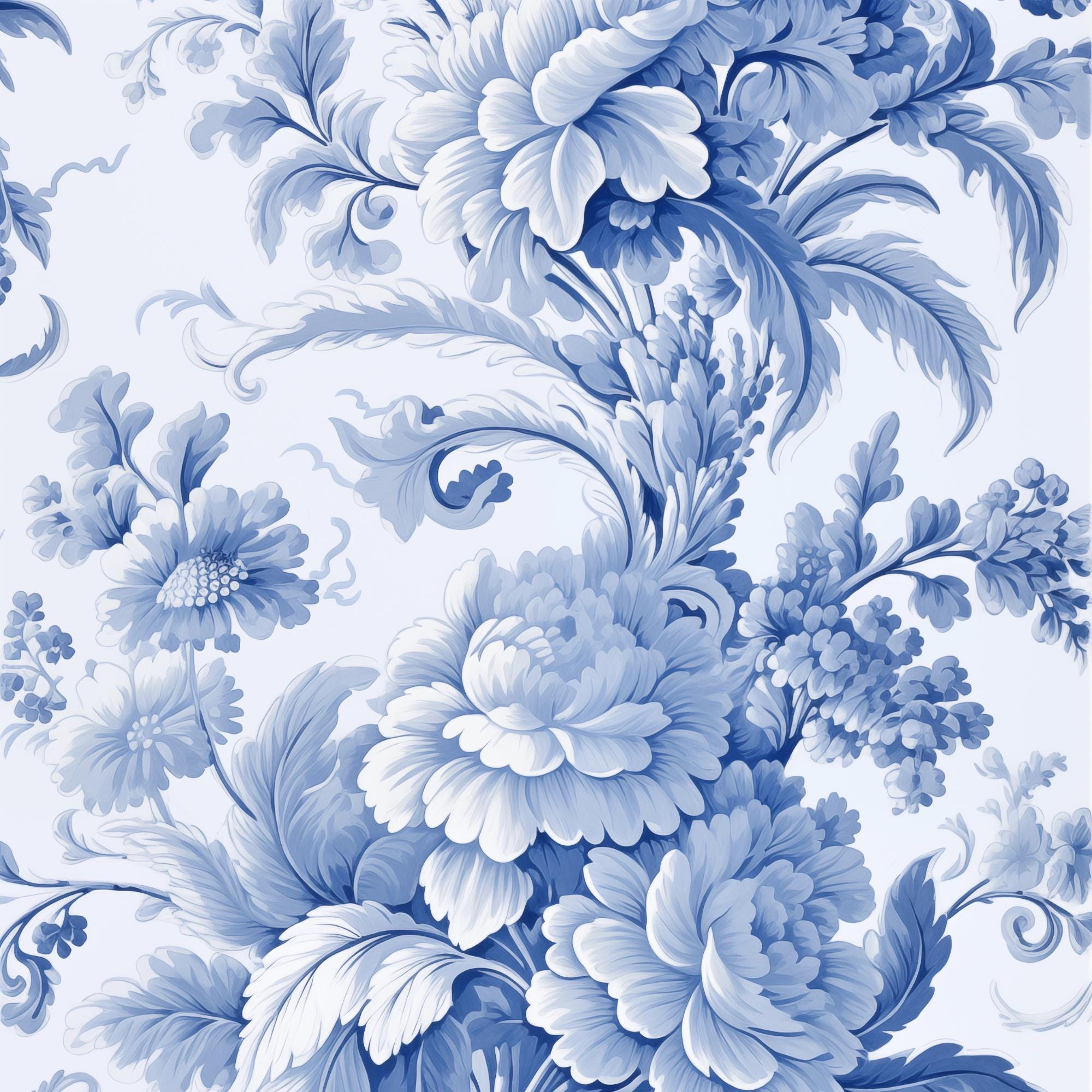Vintage Blue Toile Digital Paper, Dusty Blue Floral Design, Blue Flower ...