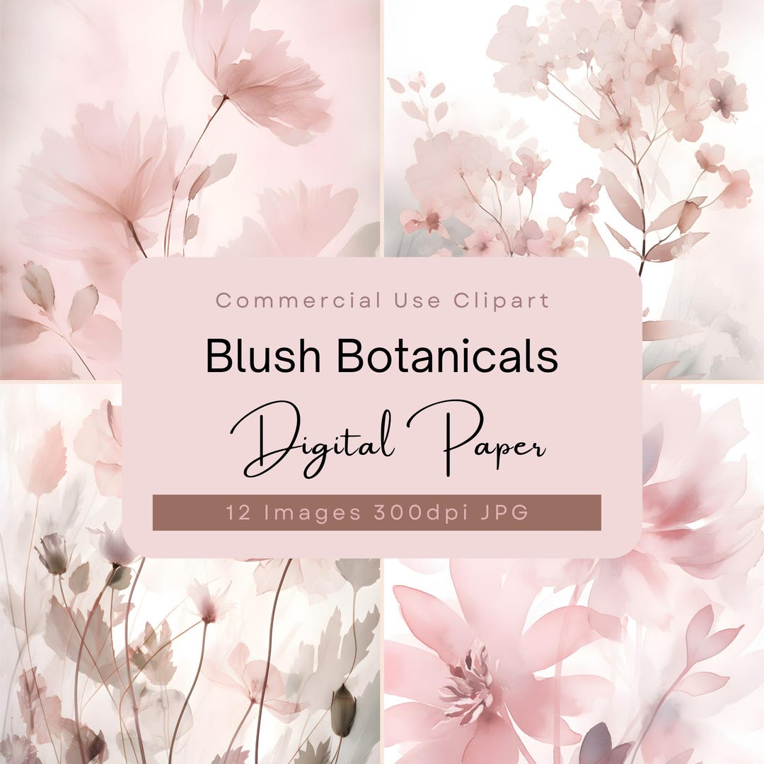 Watercolor Blush Botanicals Digital Paper, Pink Floral Texture Pack ...