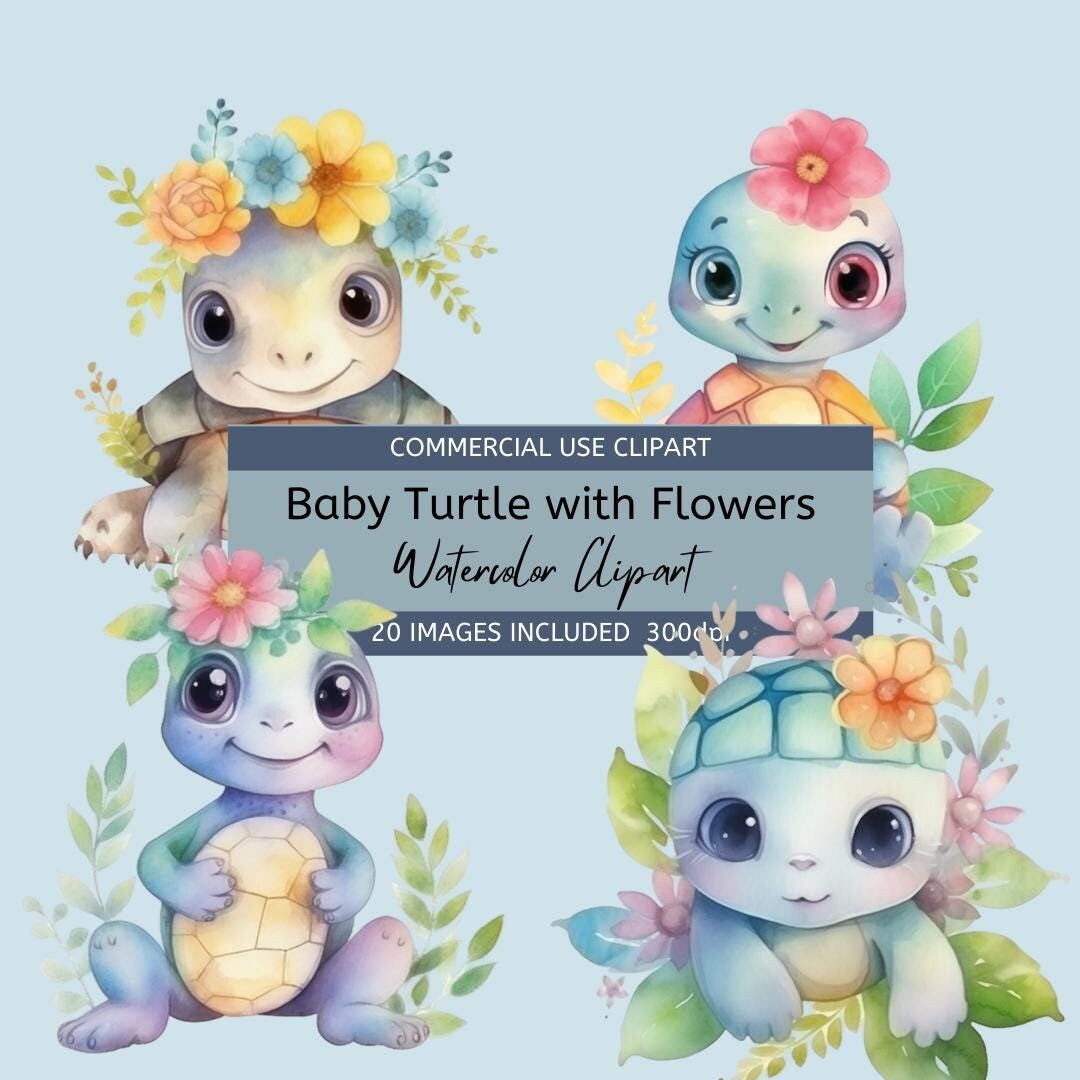Cute Baby Turtle With Flowers Clipart Scrapbooking Design Project Party ...