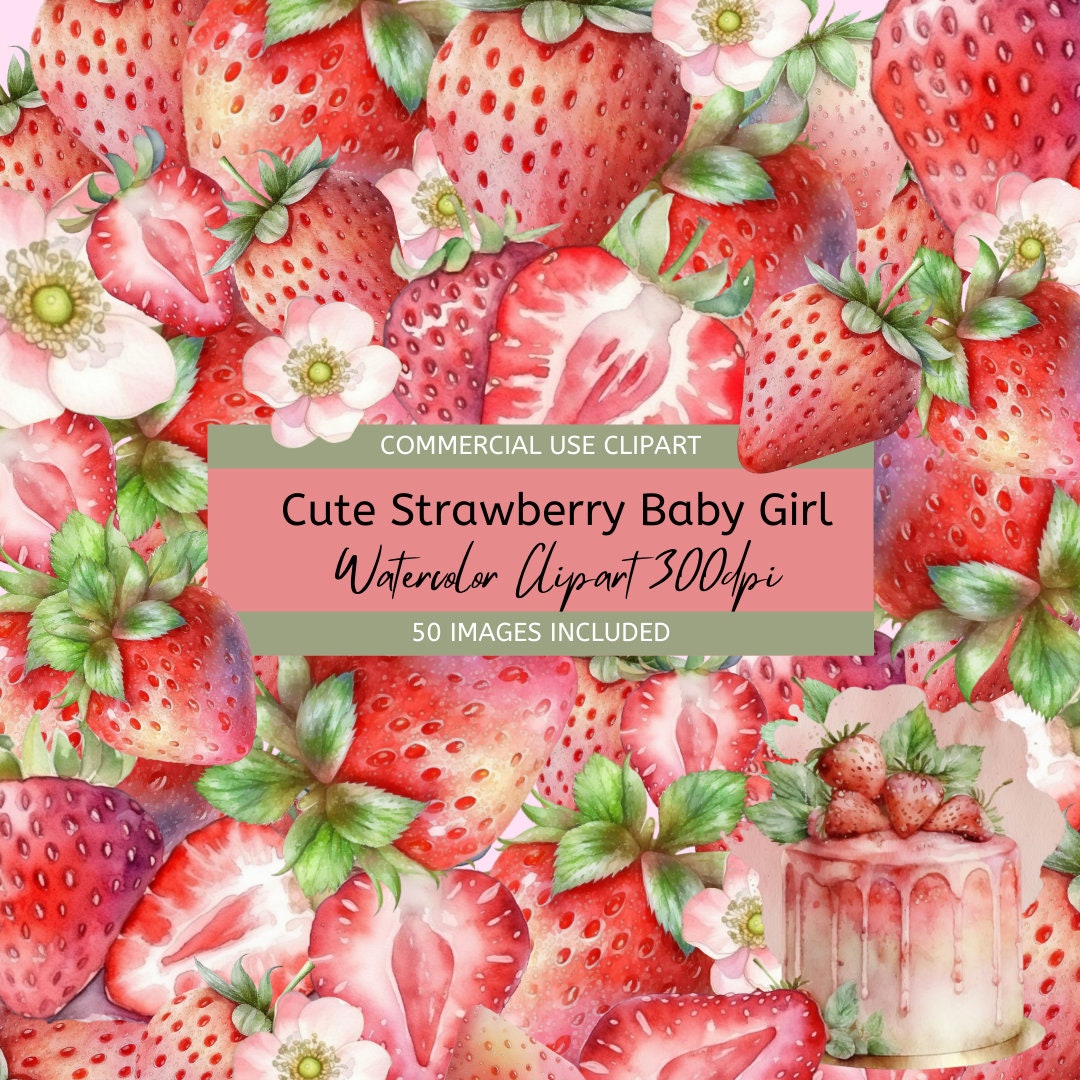 Cute Strawberry Baby Girl Clipart Watercolor Strawberries Birthday ...