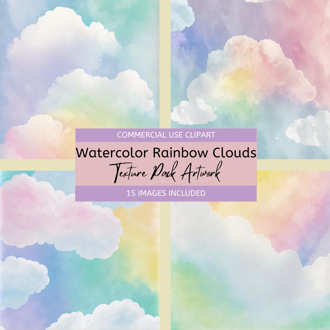 Watercolor Rainbow White Clouds Digital Paper Texture Pack Backgrounds ...