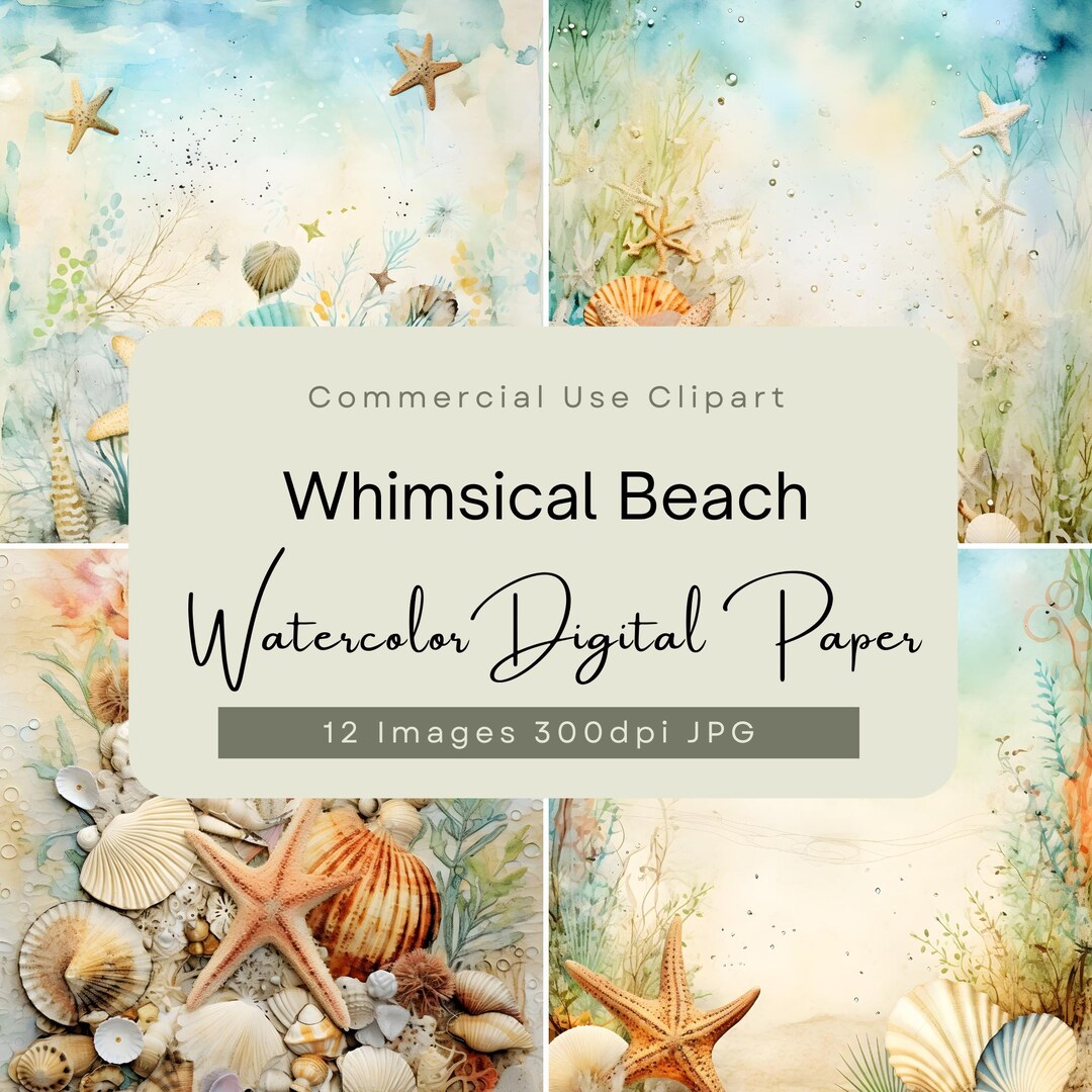 Watercolor Whimsical Beach Digital Paper, Beach Sand & Ocean Junk ...