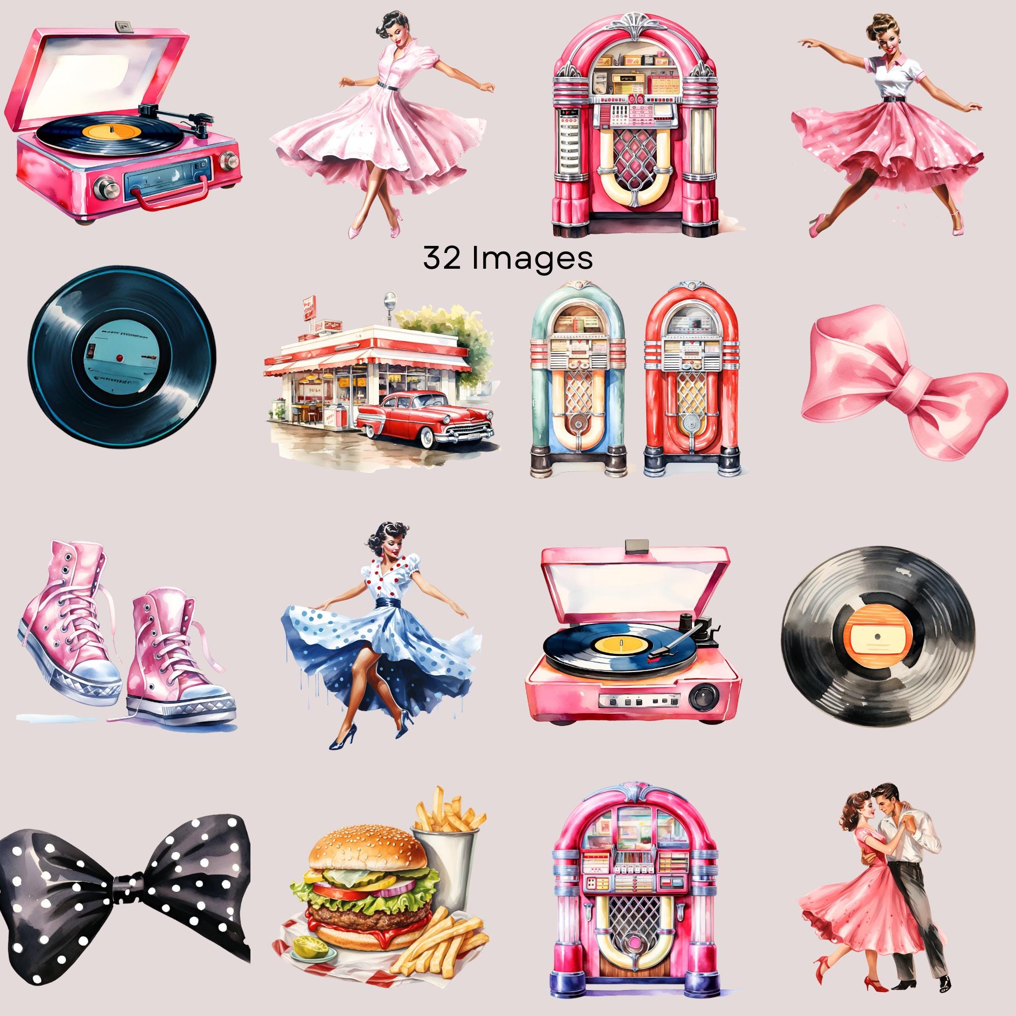 Sock Hop Clipart, Watercolor 1950s Diner Clip Art, Fifties Dance ...