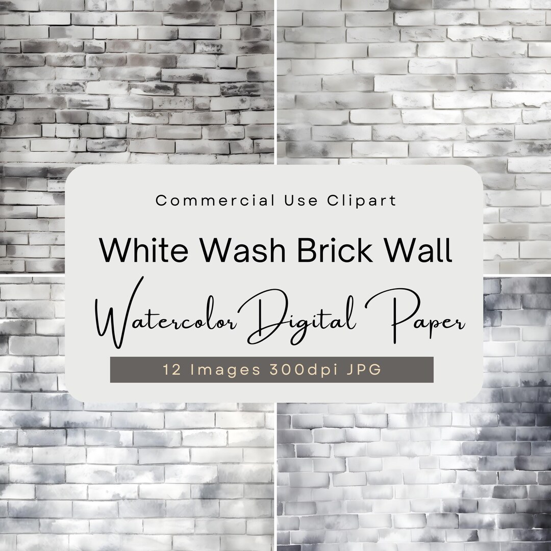 Watercolor White Wash Brick Wall Digital Paper, Painted Bricks Texture ...