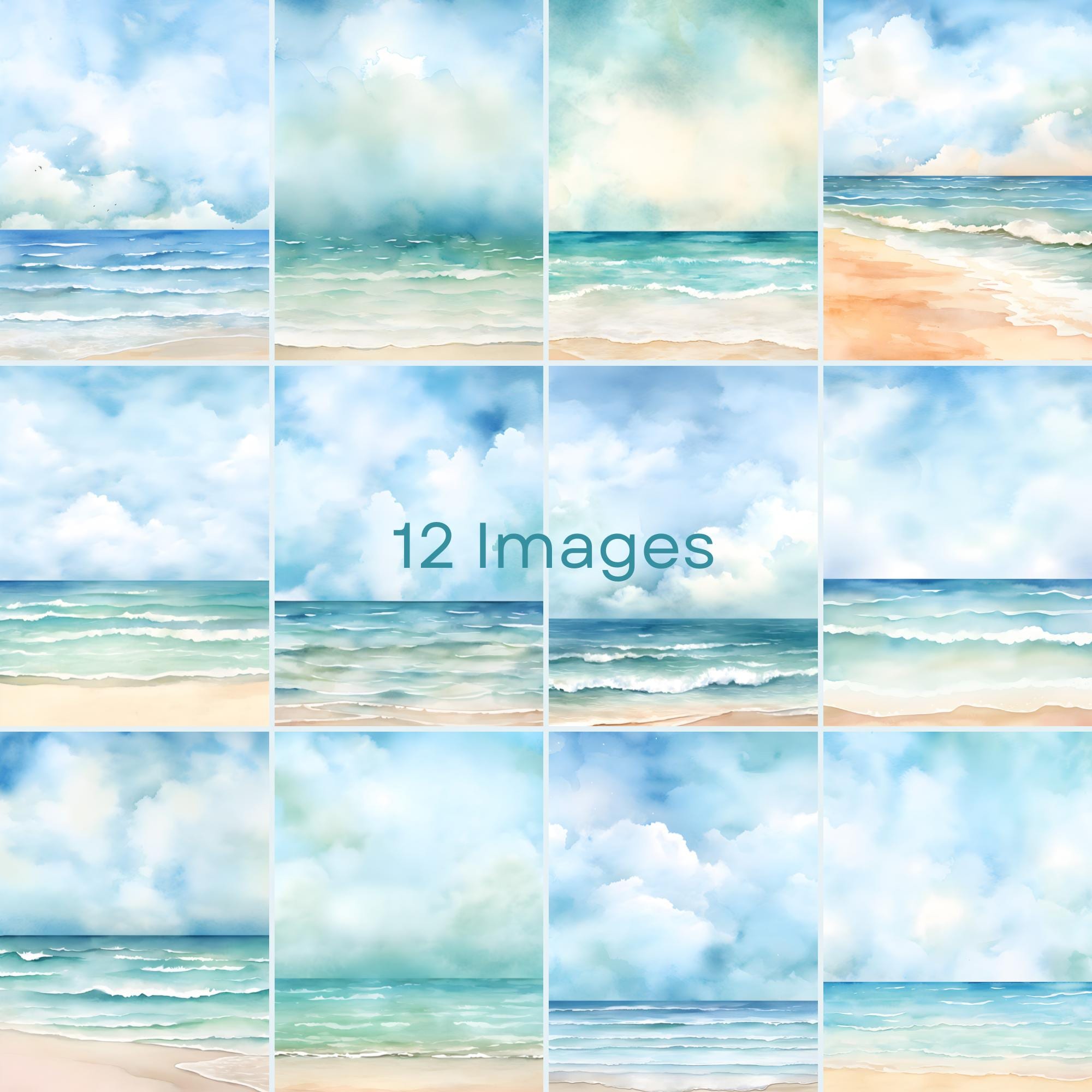 Tranquil Watercolor Beach Scene Digital Paper, Ocean Shoreline ...