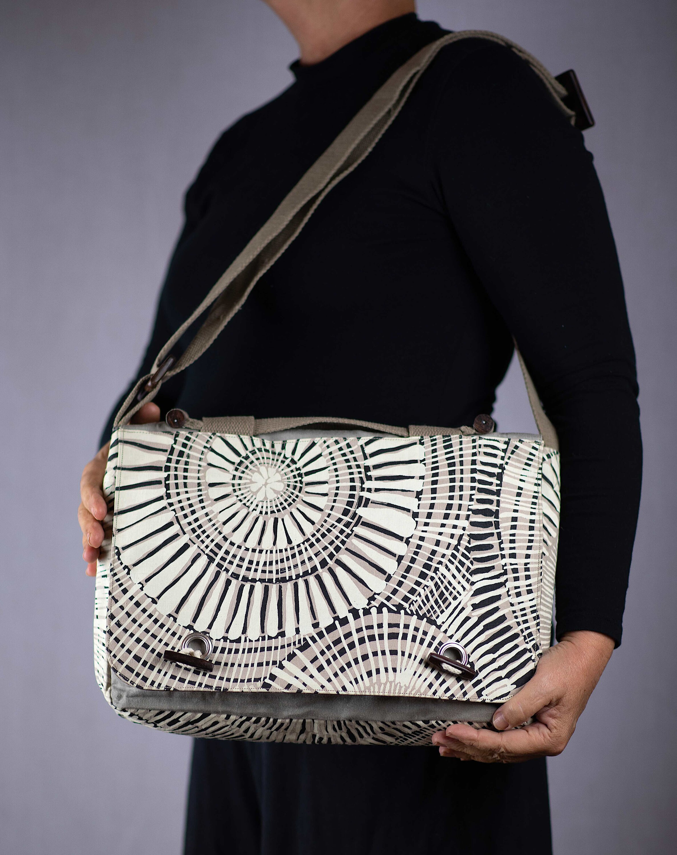 Jules, Satchel, Aboriginal Art, Hand Printed, Linen, Wood, Fabric, Fog ...