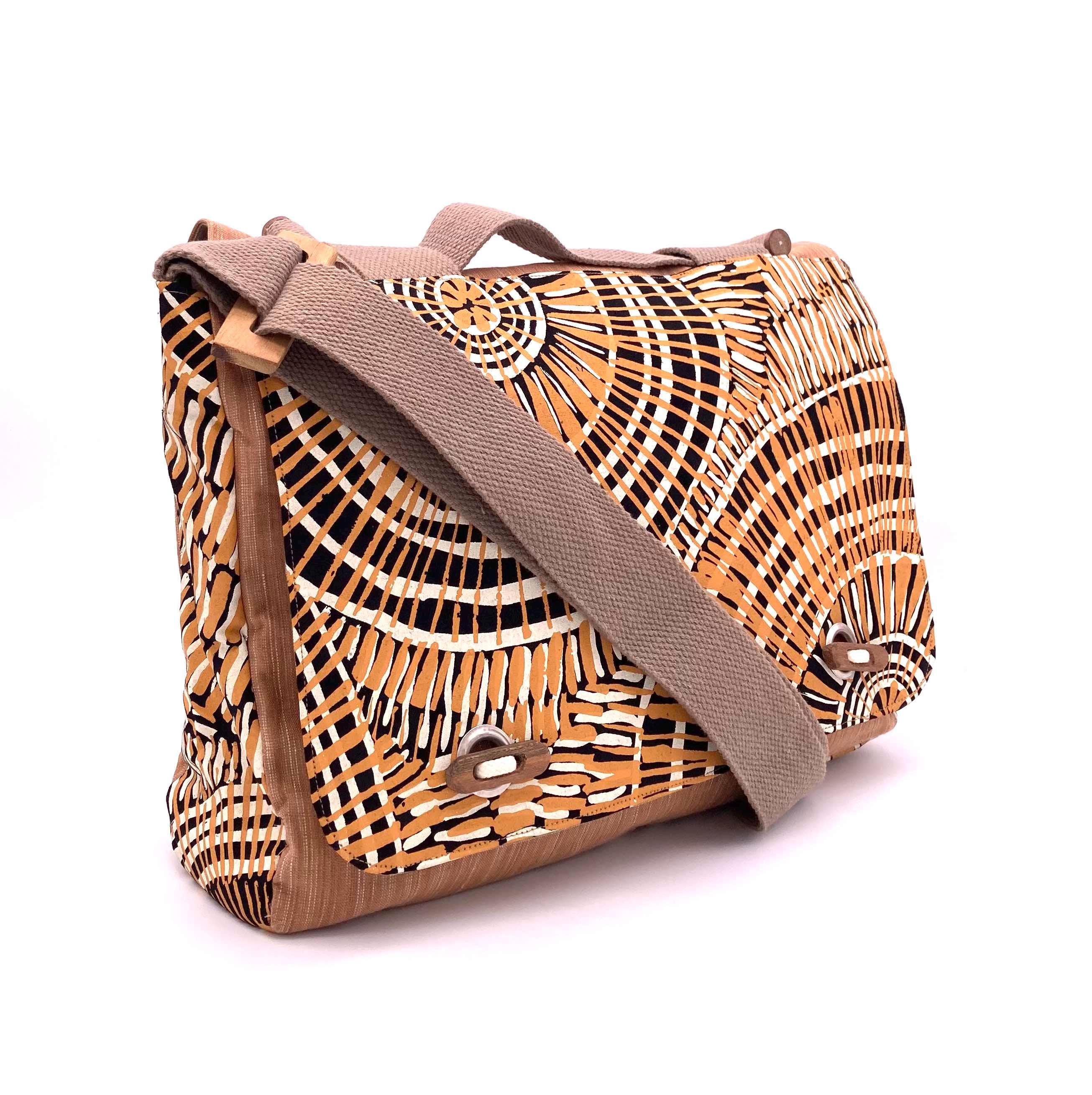 Jules, Satchel, Aboriginal Art, Hand Printed, Linen, Wood, Fabric, Fog ...
