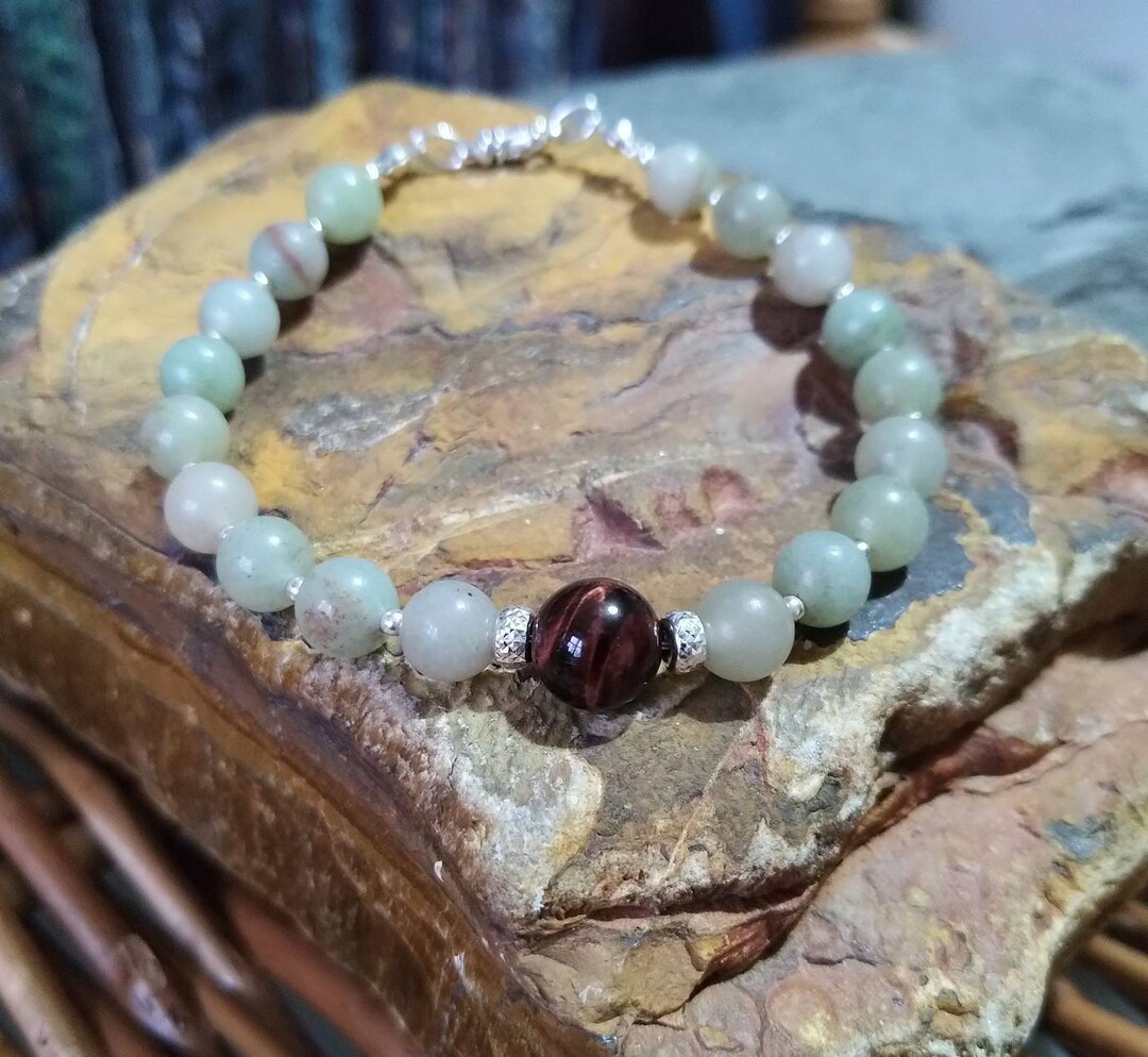 Jade and Tigers Eye Bracelet, Sterling Silver Bracelet, Burma Jade ...