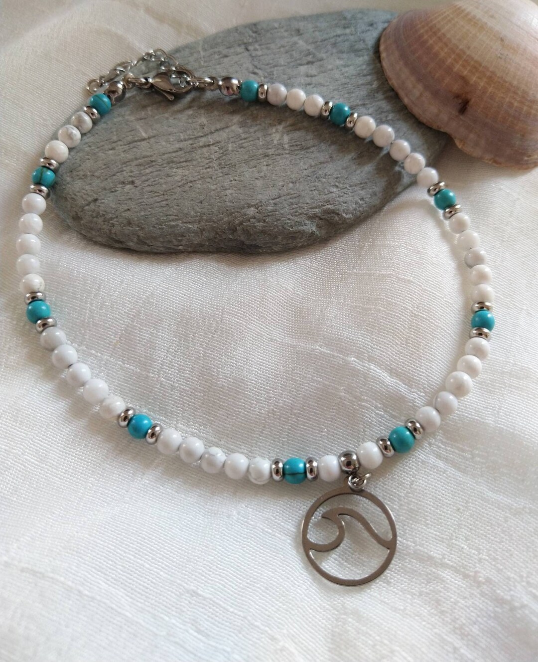 Howlite and Turquoise Anklet, Wave Charm Ankle Bracelet, Turquoise and ...