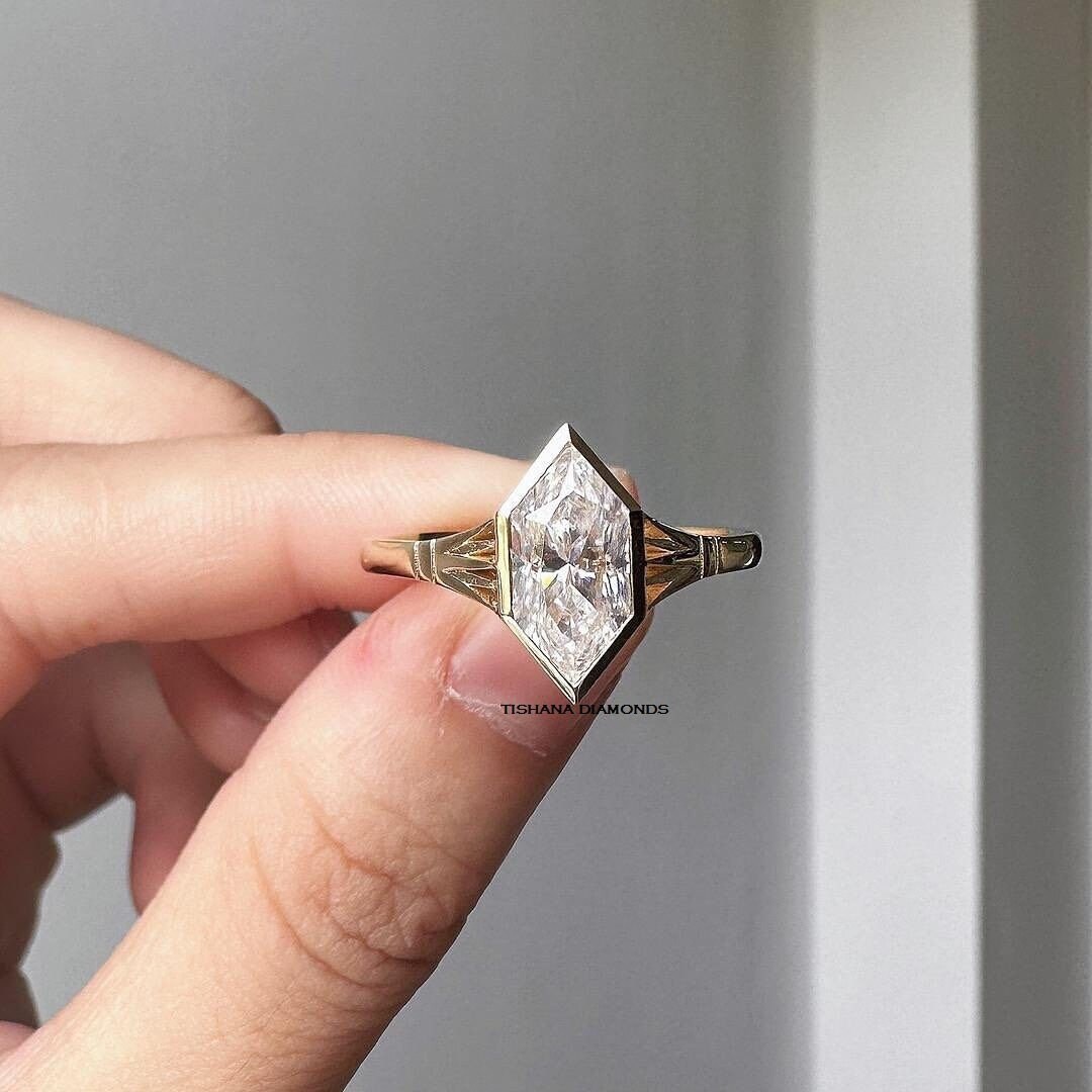 Unique 2.50 CT Hexagon Cut Bezel Set Moissanite Wedding Engagement Ring Proposal Ring 18K Gold ...