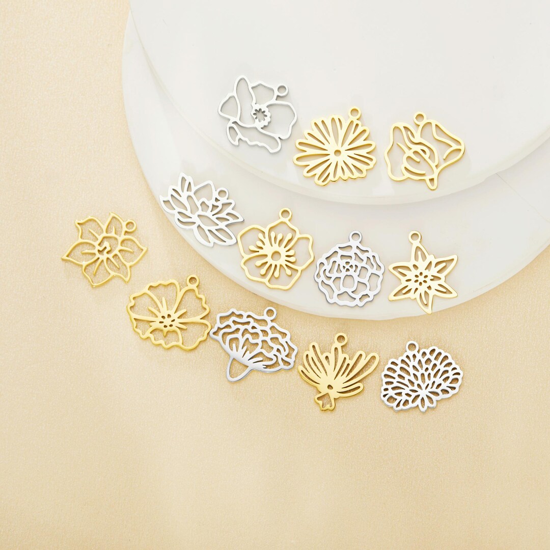 Birth Flower Stainless Steel Pendant Charm,silver Gold Stainless Steel ...