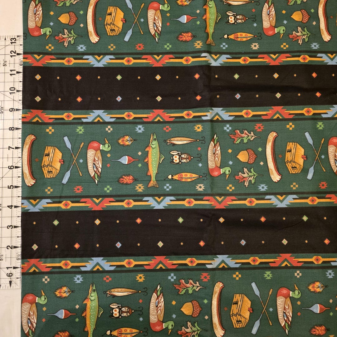 Camping Fishing Outdoor Fabric Border Print With Canoes Cabins Lures ...