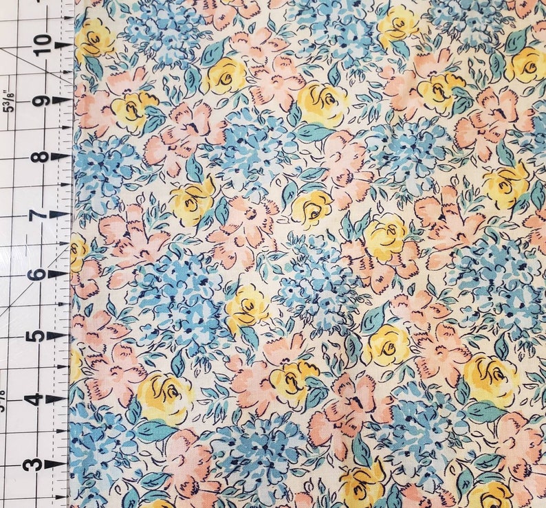 Pink Yellow and Blue Floral Fabric on White Background. Great Quilt ...