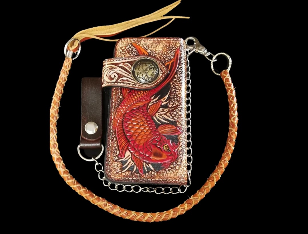 Carved Leather Mens Biker Wallet, Tool Leather Wallet Man, Handmade ...