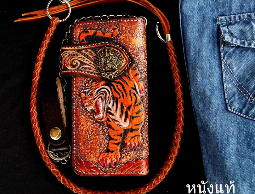 Tiger Carved Leather Mens Biker Wallet, Long Leather Wallet With Chain ...