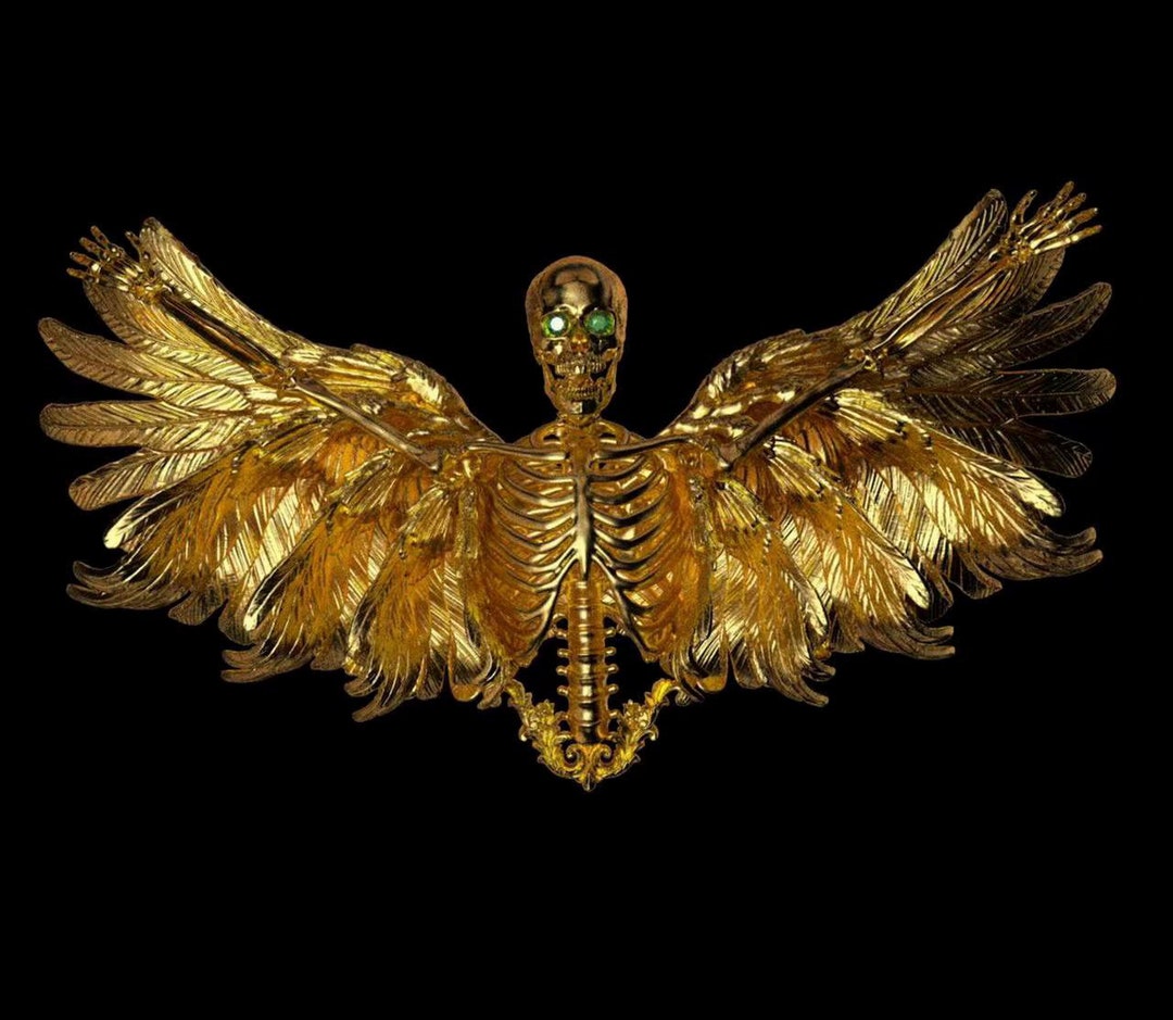 Gold Skull Winged Skeleton Silver Pendant Diamond Eyes Gothic Artisan ...