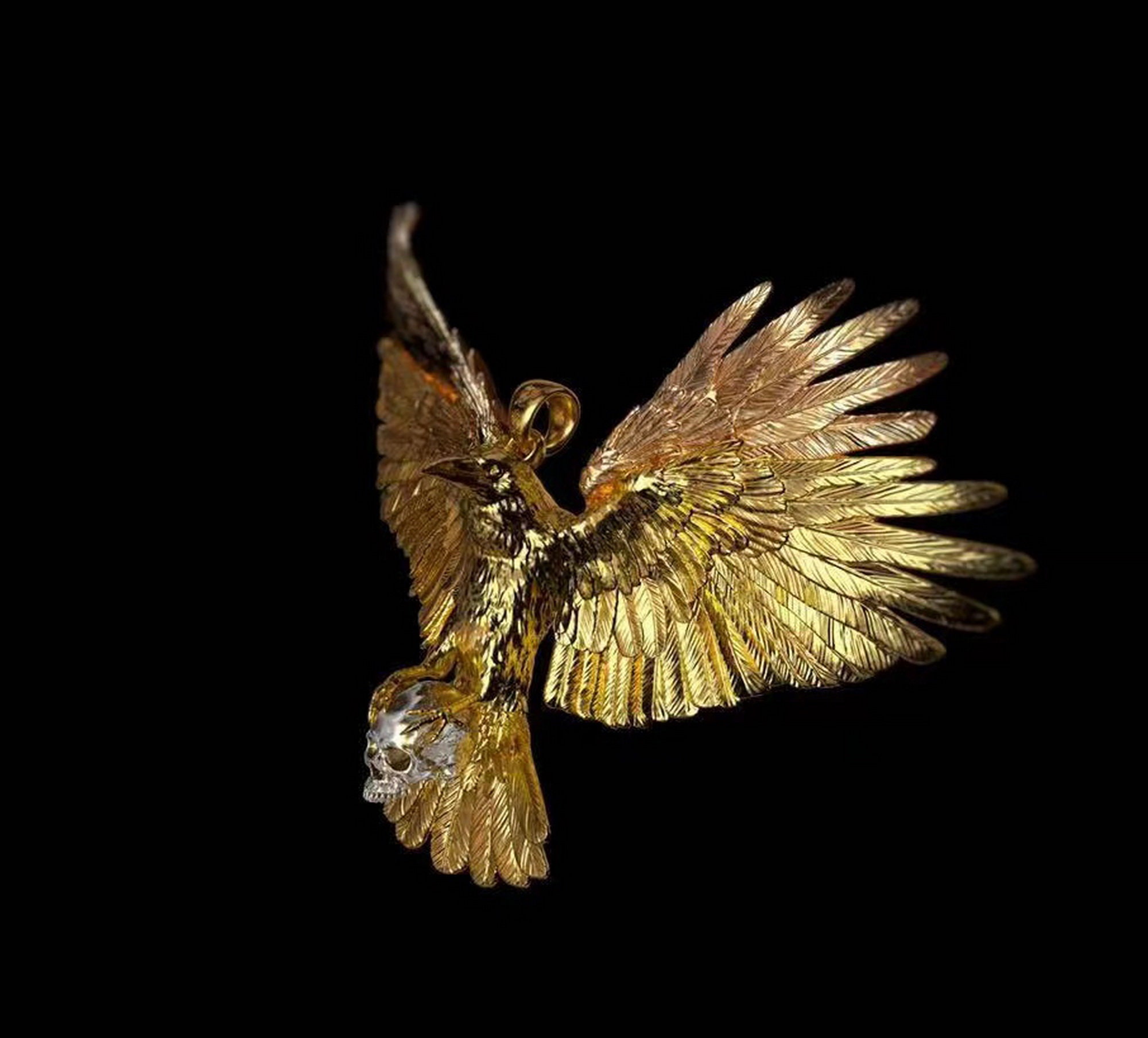 Gold Skull Crow Gothic Raven Handmade Diamond Wings Silver Pendant Bird ...