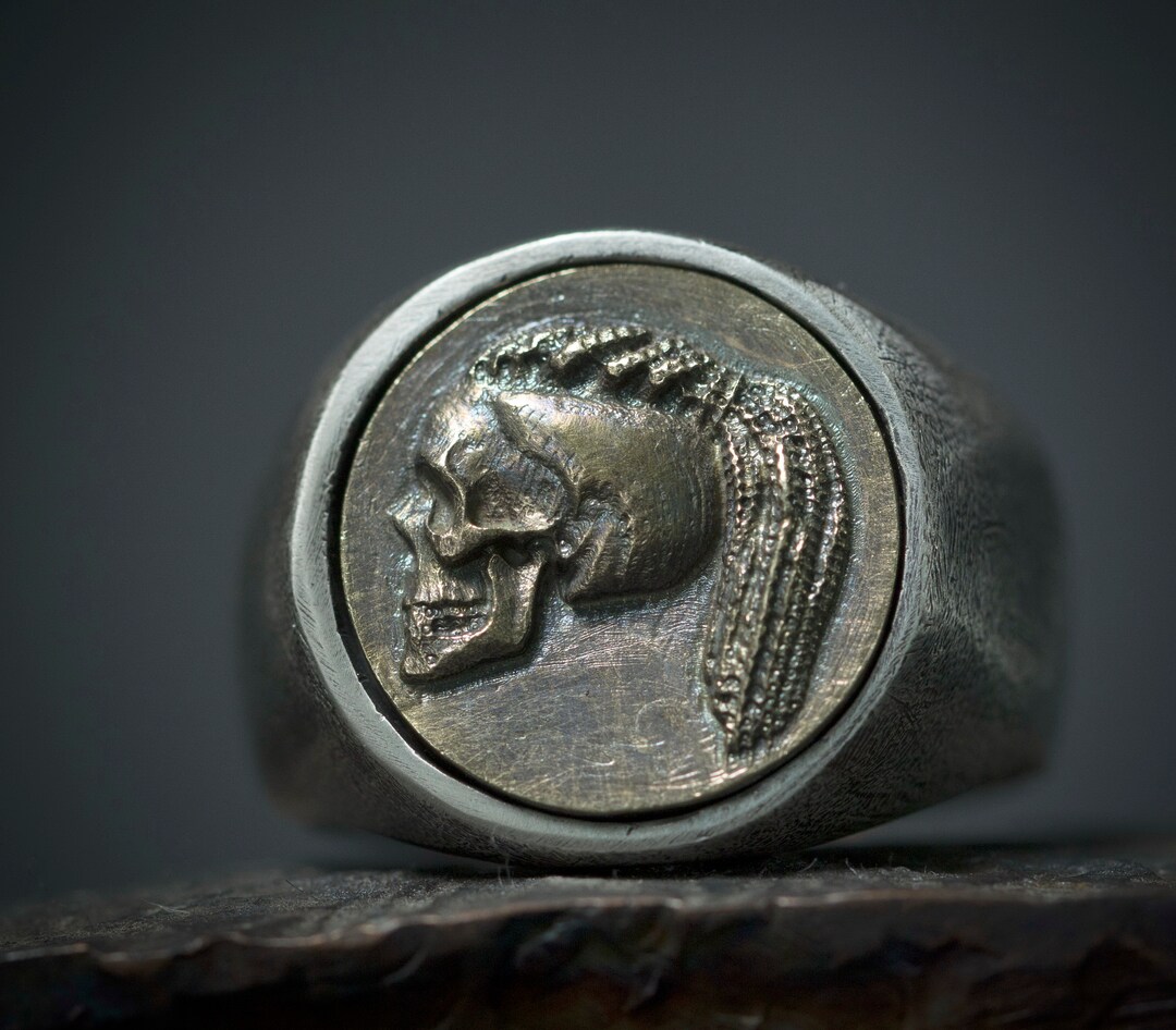 Skull Mohican Dreadlock Hairstyle Man Silver Signet Ring Handmade ...