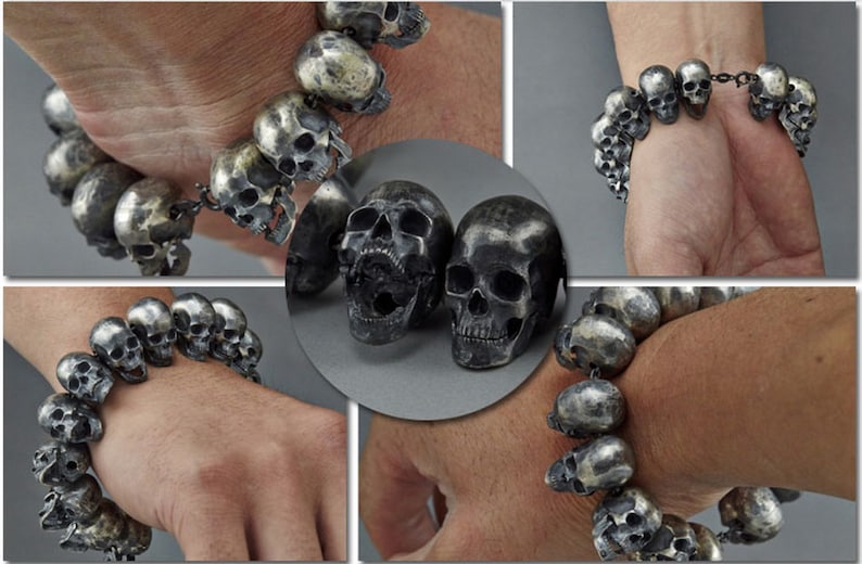 Solid Silver Skull Bracelet Handmade Mens Silver Skulls - Etsy UK