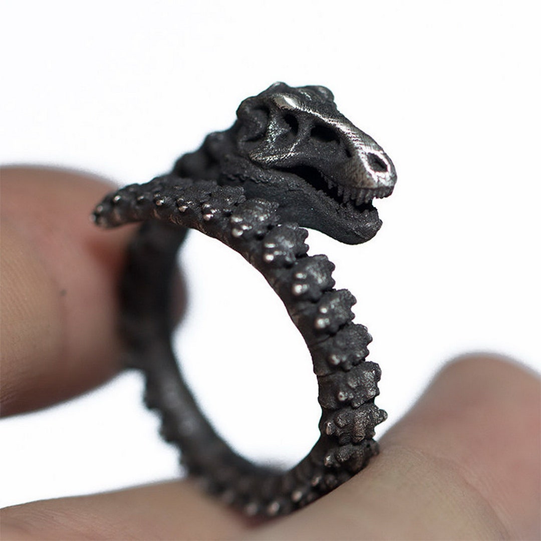 Dinosaur Skeleton Silver T-rex Fossil Ring Animal Ring Adjustable ...