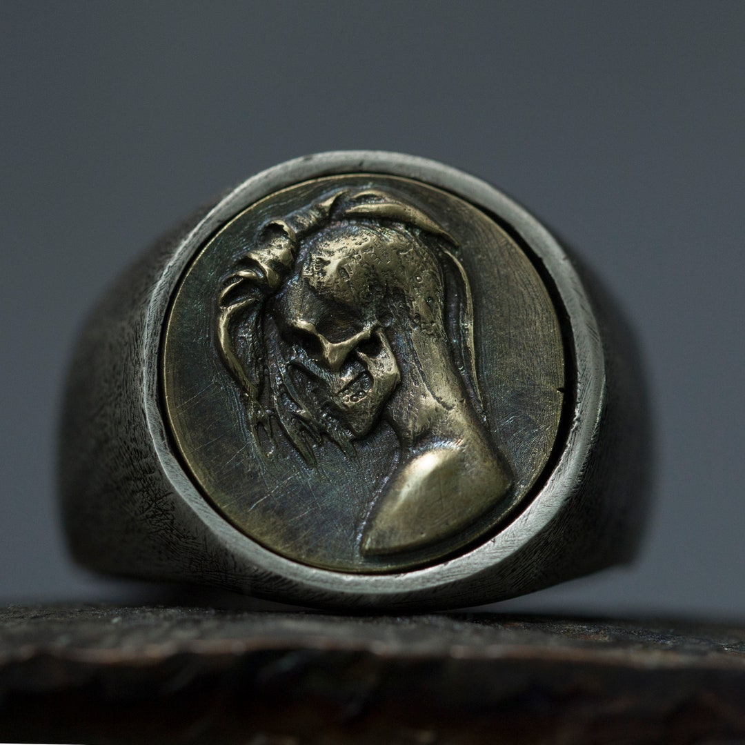 Skull Mohican Dreadlock Hairstyle Man Woman Silver Signet Ring Handmade ...