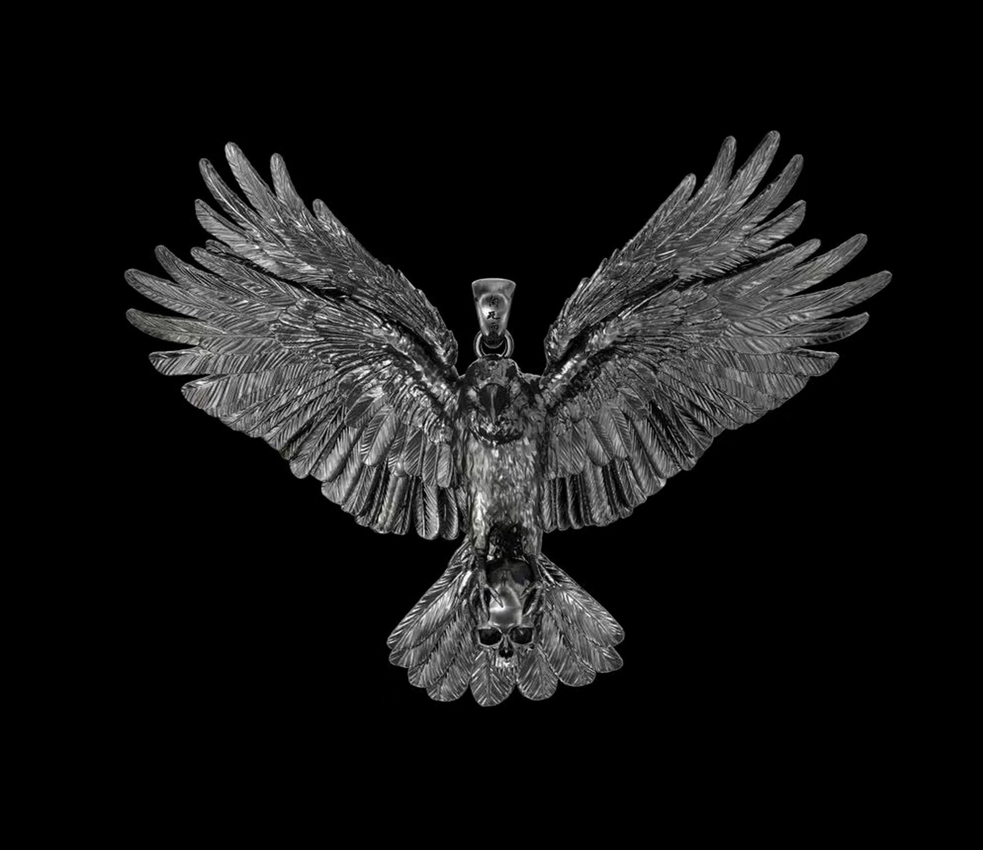 Gold Skull Crow Gothic Raven Handmade Diamond Wings Silver Pendant Bird ...
