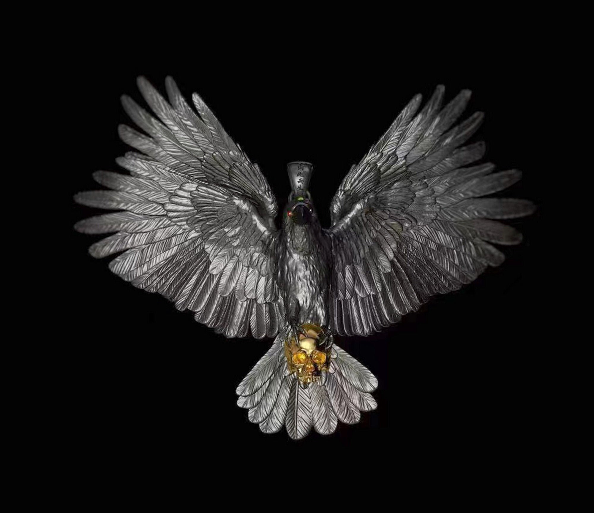 Gold Skull Crow Gothic Raven Handmade Diamond Wings Silver Pendant Bird ...