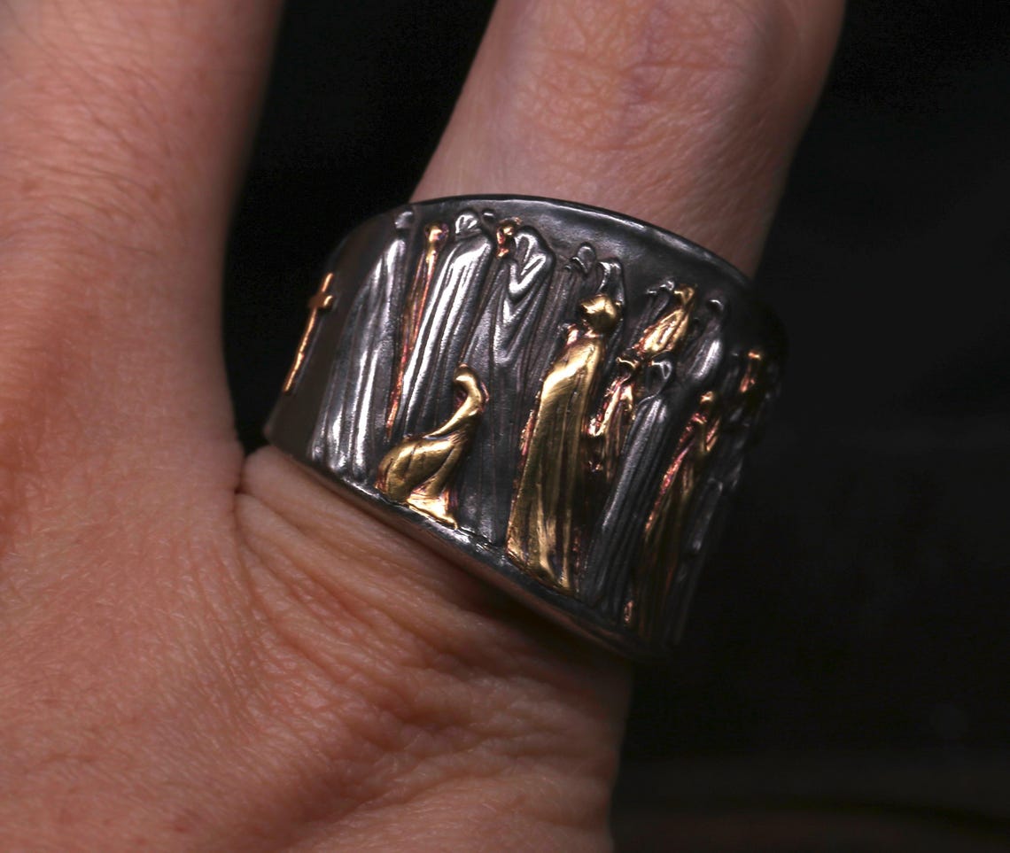 Petrine Cross of St Peter Ring Handmade Silver Hooded Cloak Monk Rock ...
