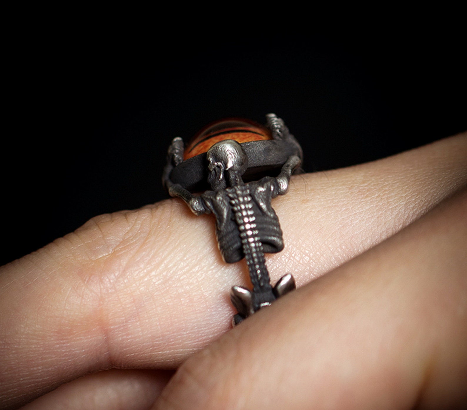 Artificial Eye Silver Skull Skeleton Ring Black Pearl Ring Ocular ...