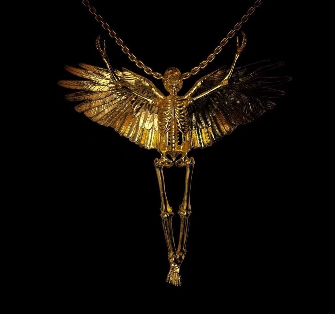 Skeleton Silver Pendant Gold Skull Winged Diamond Eyes Gothic Artisan ...