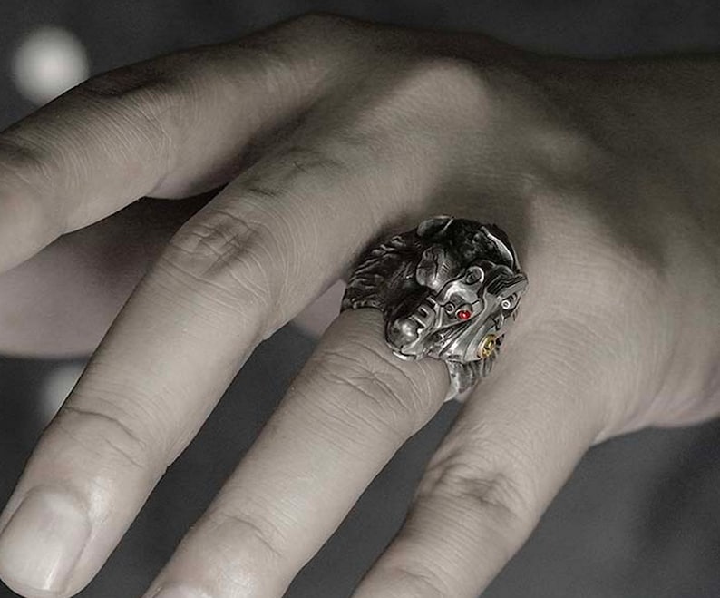 Handmade Silver Wolf Ring Steampunk Robot Ring Half Wolf Robot Ring ...