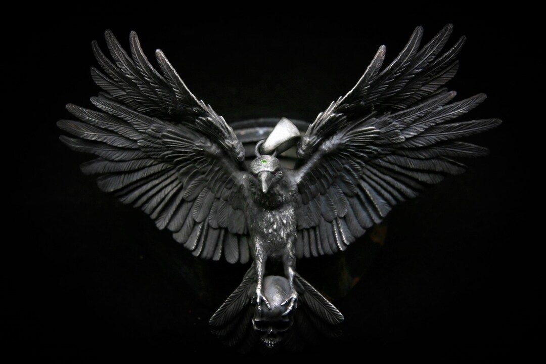Skull Crow Gothic Raven Handmade Silver Wings Pendant Gold Skull Bird ...