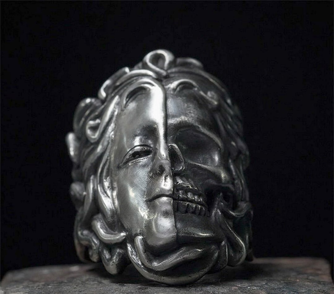 Half Skull Half Face Ring Solid Silver Soul and Show Art Ring Face ...