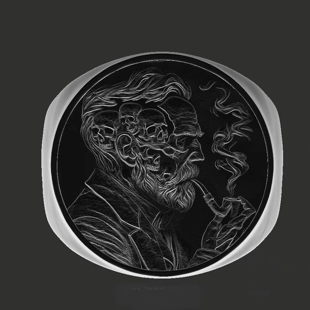 Mr Thinker Pipe Smoker Skull Ring Gold Signet Handcrafted Sterling ...