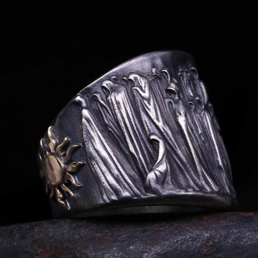 Sun Gold Cross Silver Ring Handmade Hooded Cloak Monk Ring Rock Biker ...