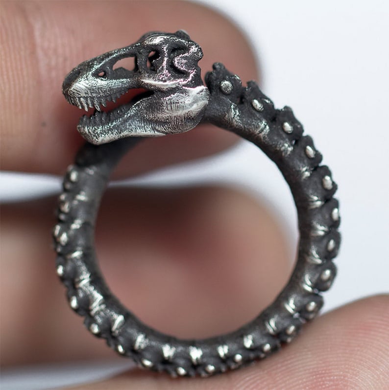 Dinosaur Skeleton Silver T-rex Fossil Ring Animal Ring Adjustable ...