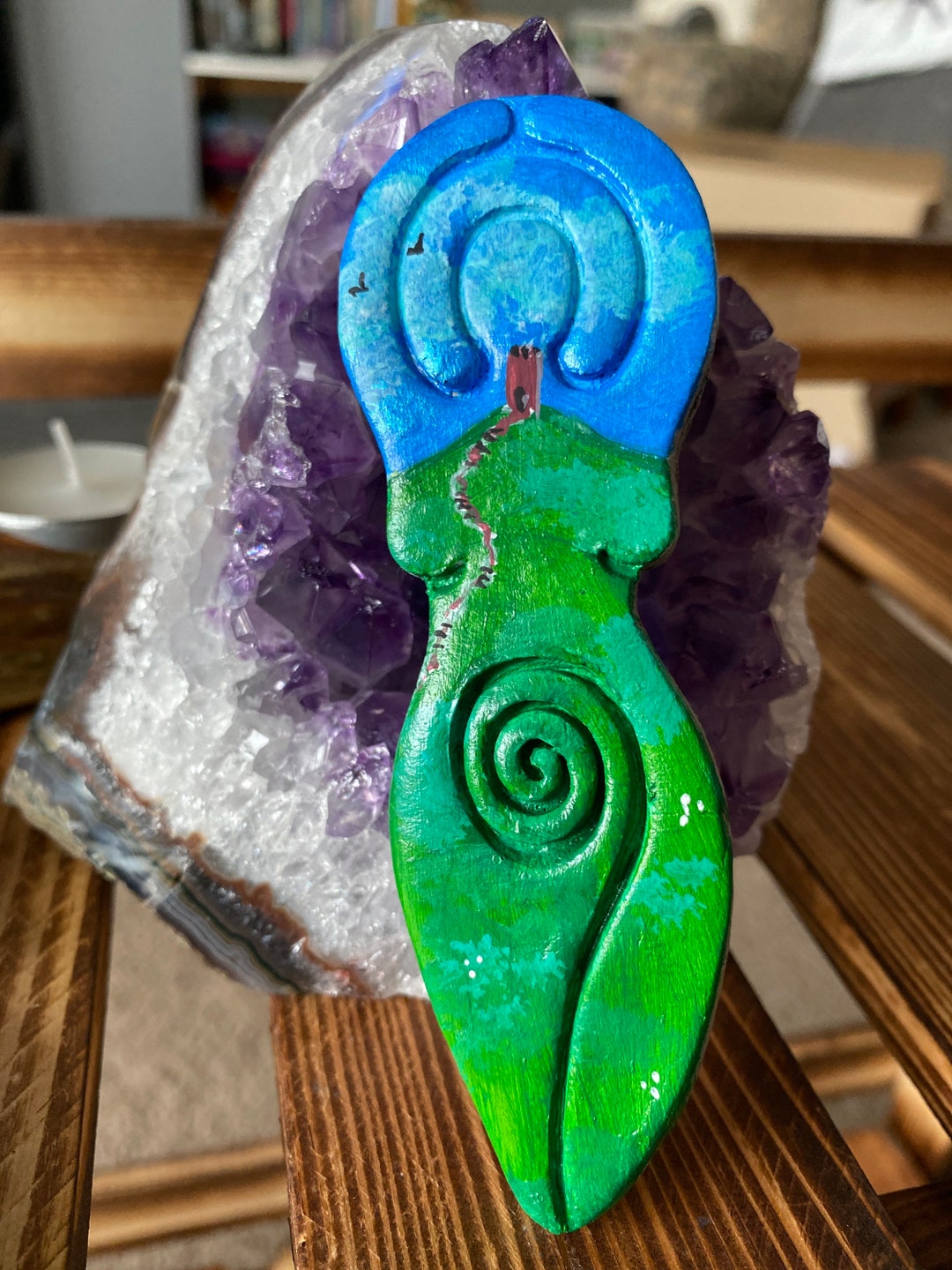 Hand Painted Clay Gaia Spiral Goddess With Glastonbury Tor Design, Gaia ...