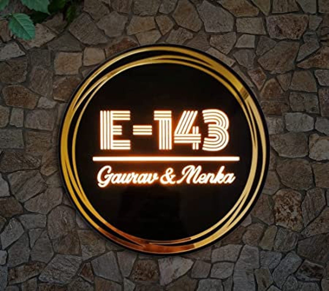 Round LED Name Plate | Black Acrylic With Golden Rings - Etsy