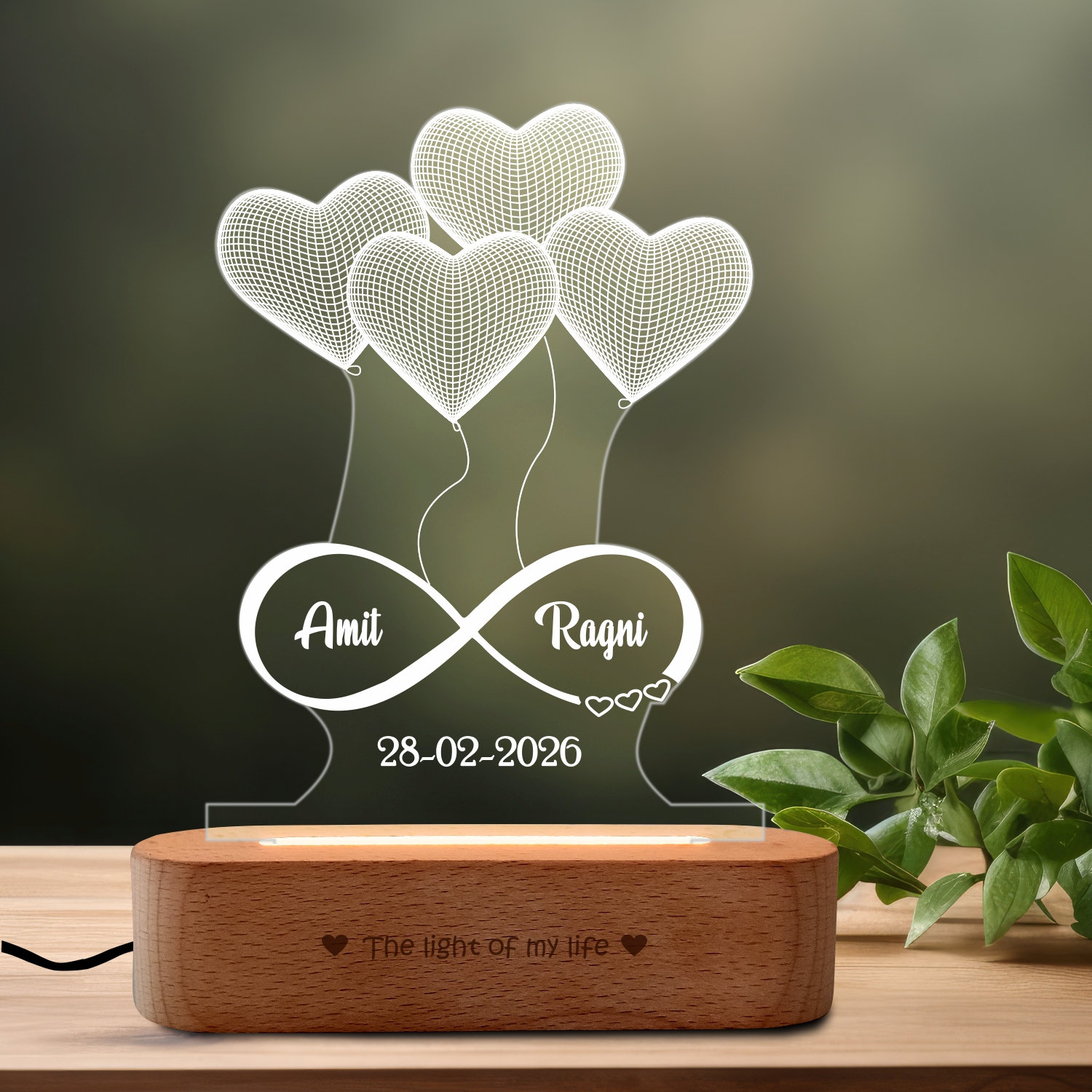 Personalized 3D Heart Lamp: Engraved Names, Acrylic LED Light - Etsy