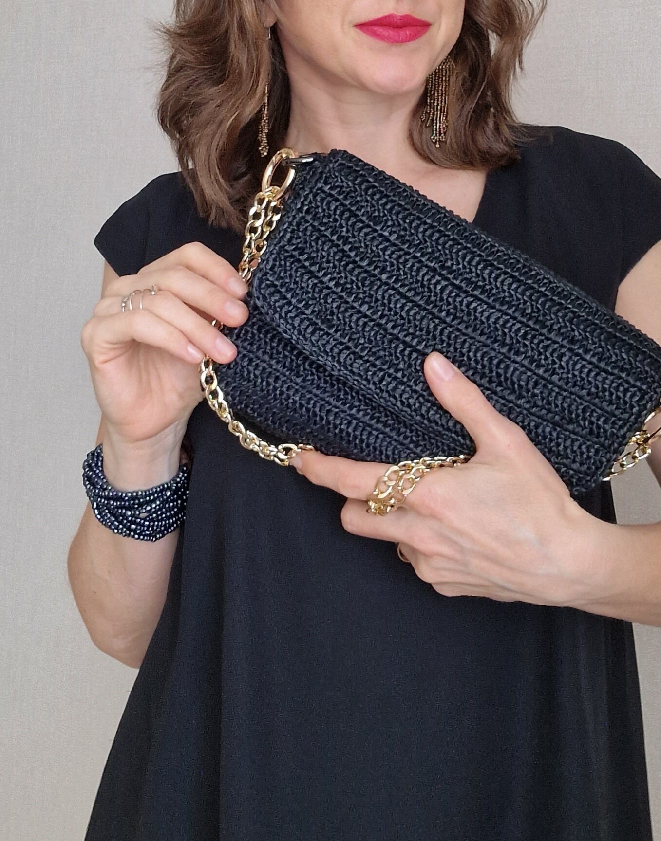 Black Raffia Clutch, Natural Boho Summer Handbag, Small Raffia Bag ...