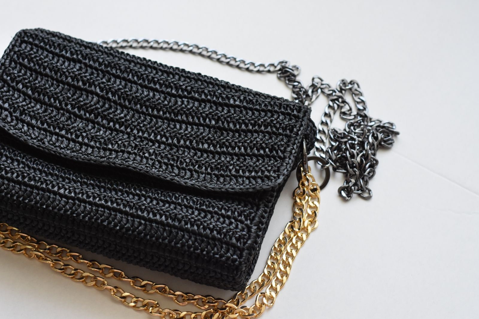 Black Raffia Clutch, Natural Boho Summer Handbag, Small Raffia Bag ...