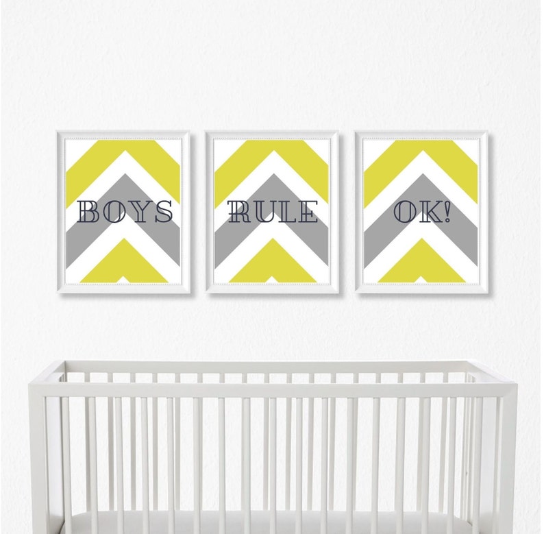 Boys Rule OK Nursery Print Kids Bedroom Mustard Grey Chevron Set of 3 ...