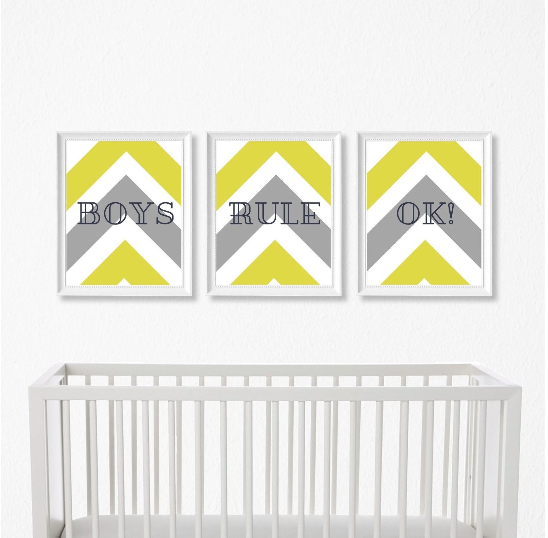 Boys Rule OK Nursery Print Kids Bedroom Mustard Grey Chevron Set of 3 ...